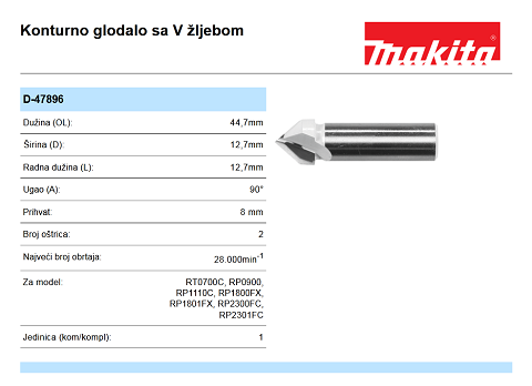 Konturno glodalo sa V žljebom D-47896 Makita(6427)
[D-47896]