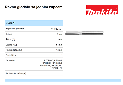 Ravno glodalo sa 1 zupcem D-47379 Makita(6417)
[D-47379]