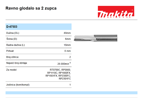 Ravno glodalo sa 2 zupca D-47503 Makita(6421)
[D-47503]