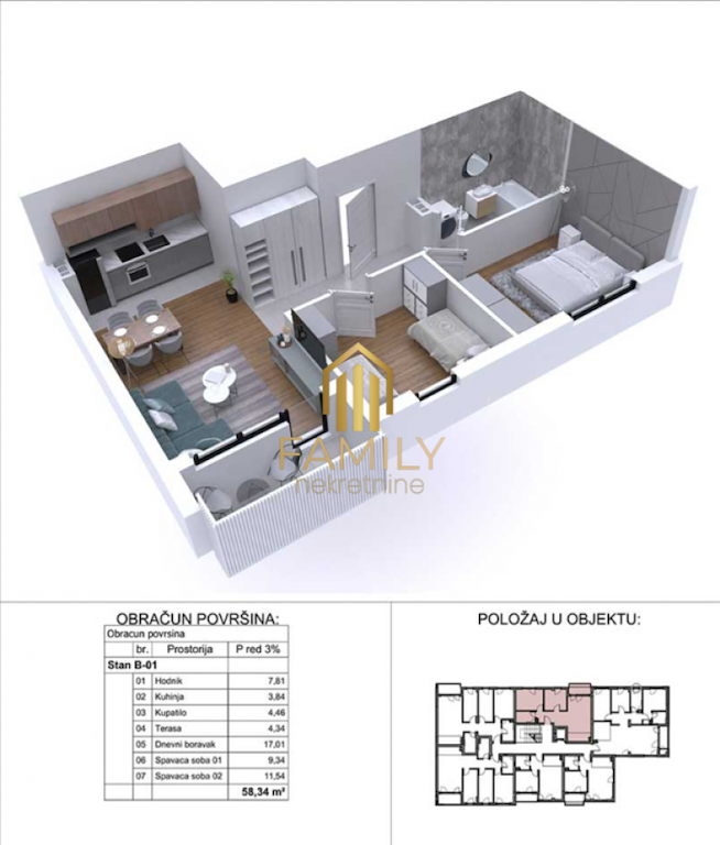 Trosoban stan u izgradnji - 58m2