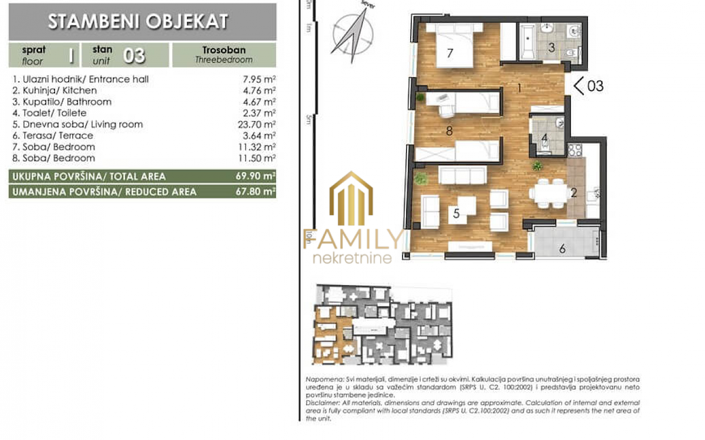 Prostran trosoban stan od 68m² na Podbari – dva kupatila