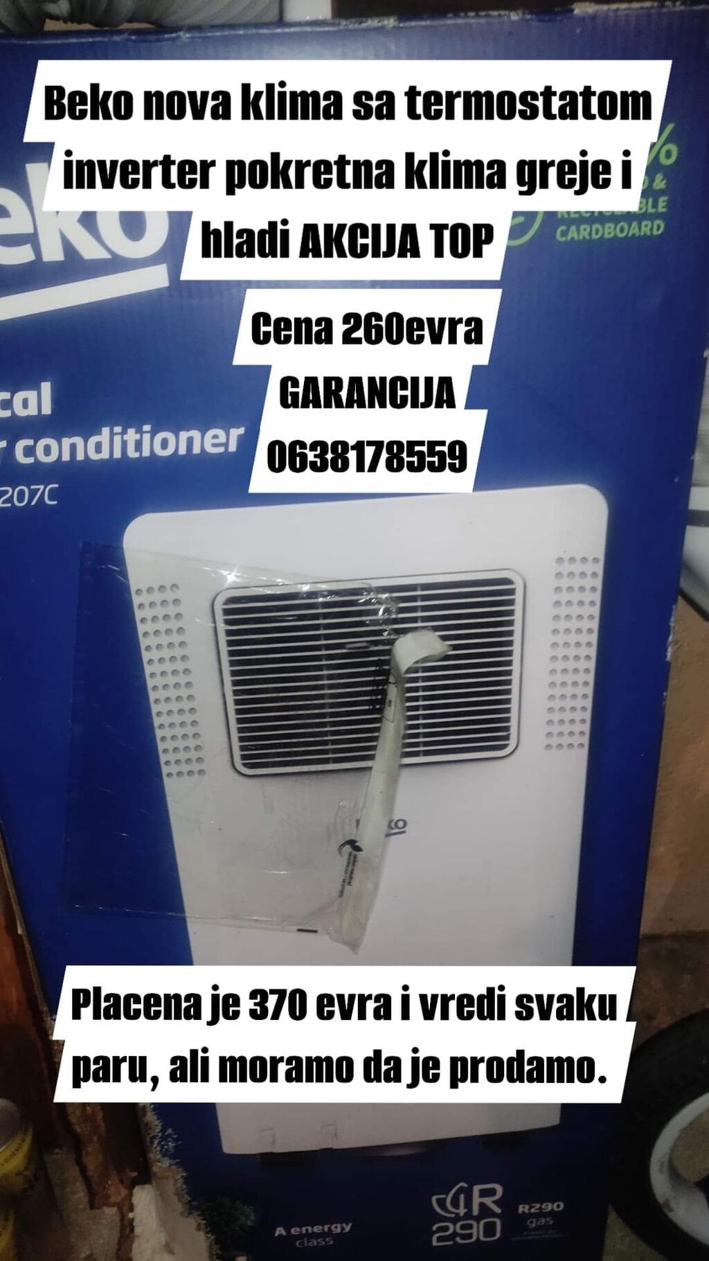 NOVA BEKO INVERTER POKRETNA KLIMA CENA 24000 FIKSNO Kupljena nova u