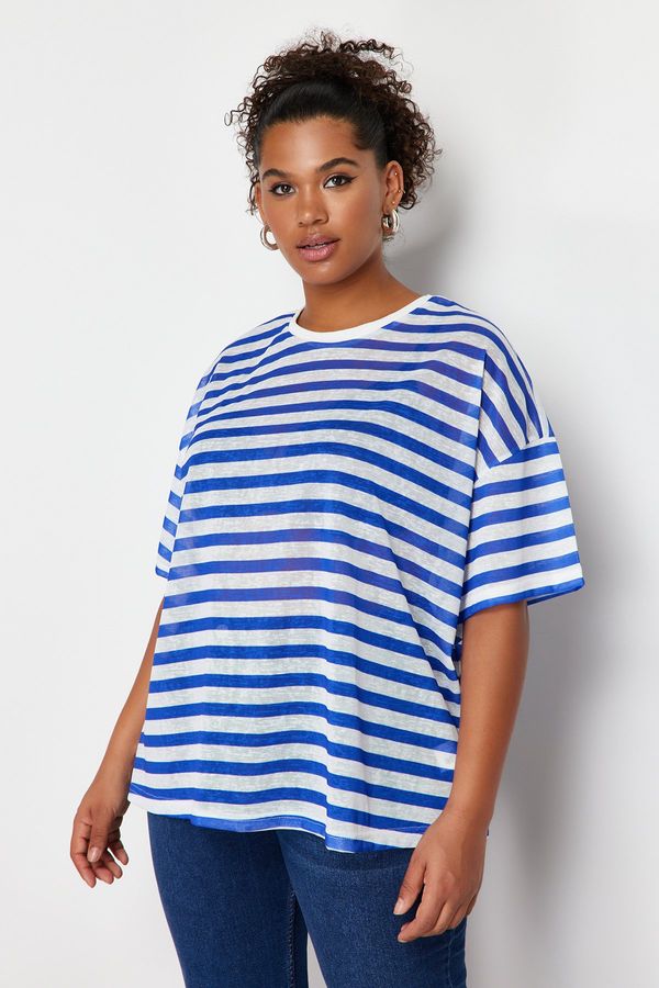 TRENDYOL CURVE WHITE-BLUE STRIPED TRANSPARENT OVERSIZE KNITTED LINEN LOOK BLOUSE
