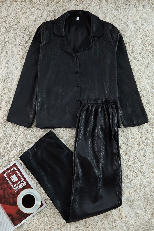 TRENDYOL BLACK LEOPARD PATTERNED SATIN SHIRT TROUSERS WOVEN PAJAMA SET