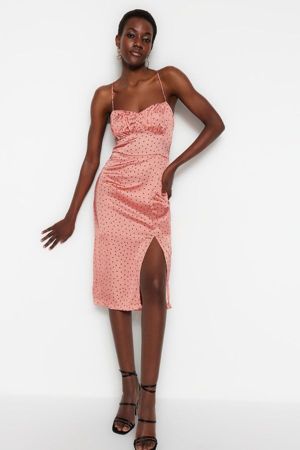 TRENDYOL CINNAMON POLKA DOT A-CUT SATIN MIDI STRAP WOVEN DRESS