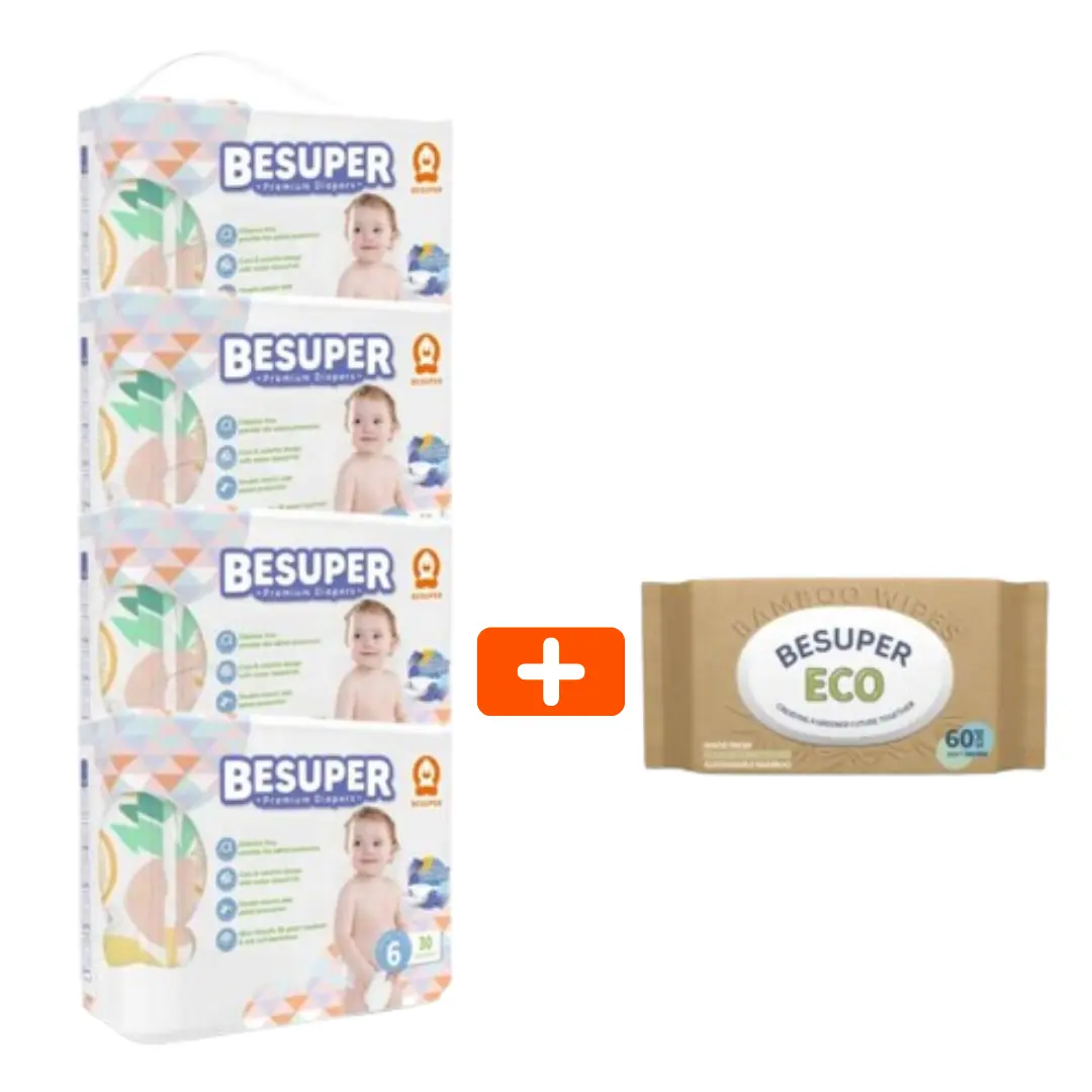 BeSuper Premium Pelene, Veličina 6 (15+ kg), 4x30 komada + Vlažne maramice, 1x60 komada