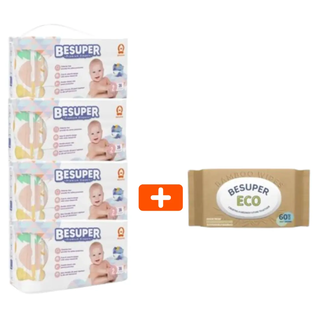 BeSuper Premium Pelene, Veličina 2 (3-8 kg), 4x36 komada + Vlažne maramice, 1x60 komada