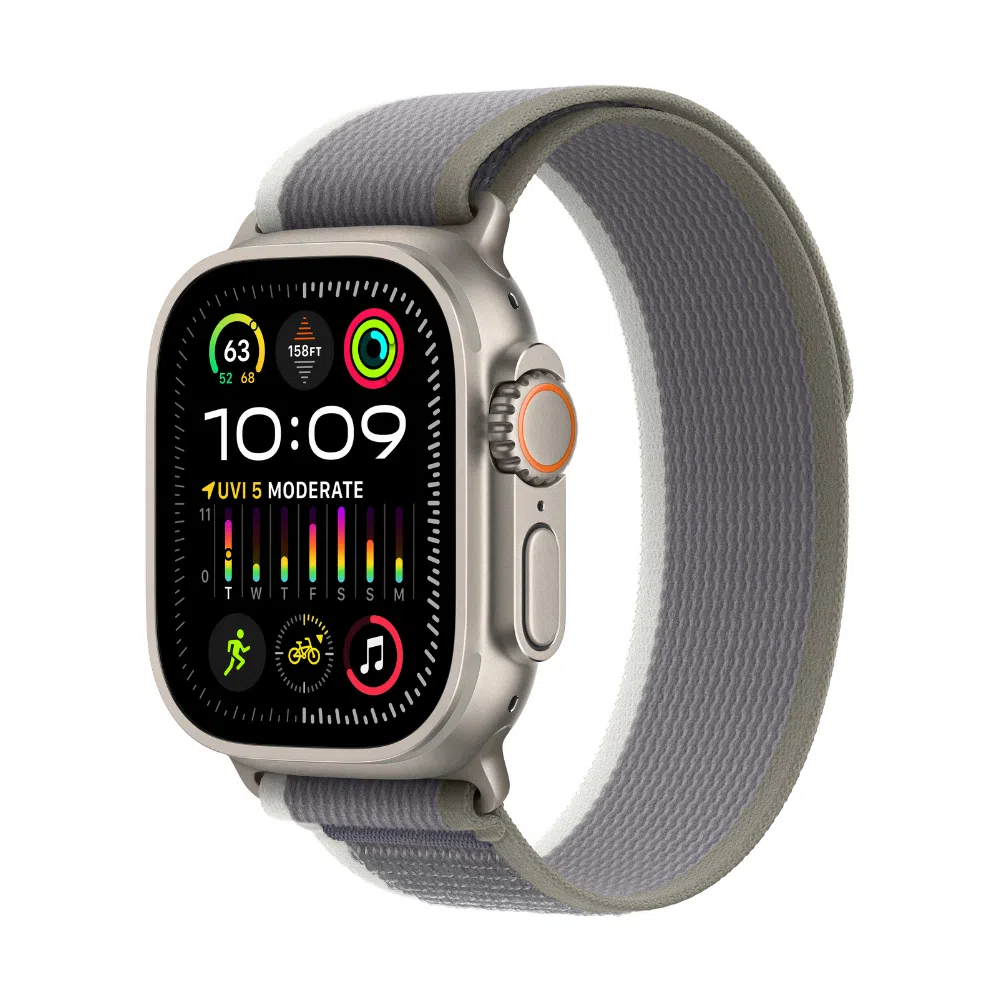 Apple Watch Ultra2 Cellular, 49mm Titanium Case w Green/Grey Trail Loop M/L, (mrf43se/a)