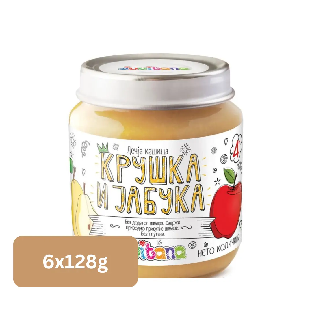 Juvitana Kašica za bebe od jabuke i kruške, 128g, 6 komada