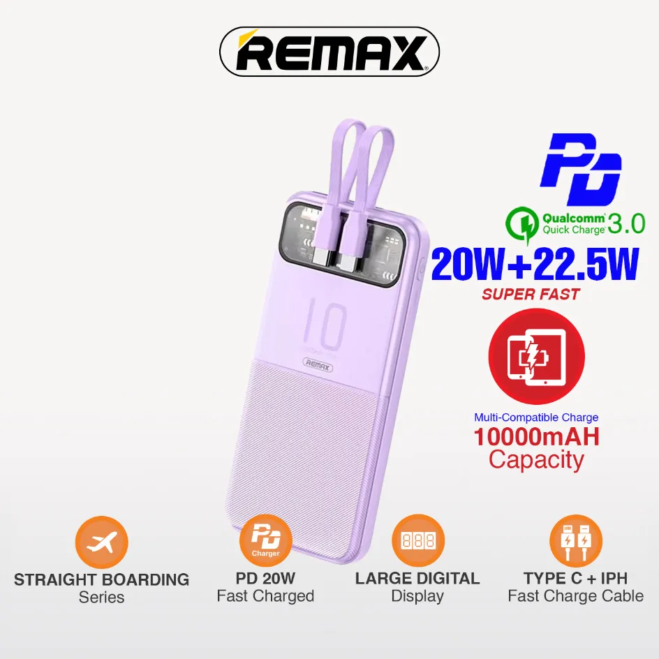 Power Bank with 2 Fast Charging Cables REMAX Stervui Series RPP-619 PD 20W+ QC 22.5W 10000mAh ljubicasti