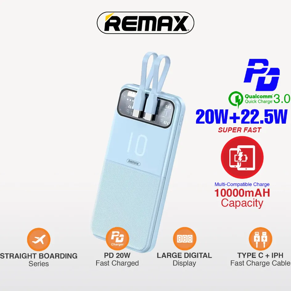 Power Bank with 2 Fast Charging Cables REMAX Stervui Series RPP-619 PD 20W+ QC 22.5W 10000mAh plavi