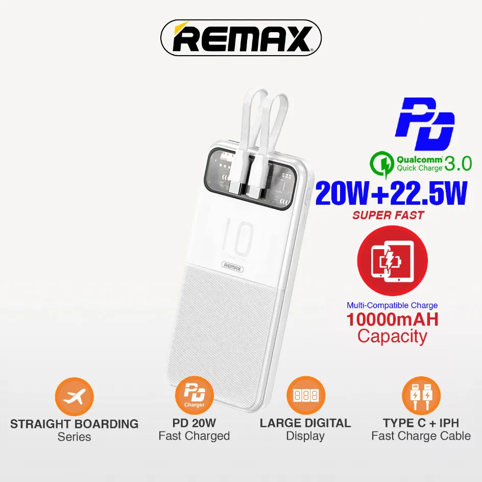 Power Bank with 2 Fast Charging Cables REMAX Stervui Series RPP-619 PD 20W+ QC 22.5W 10000mAh beli