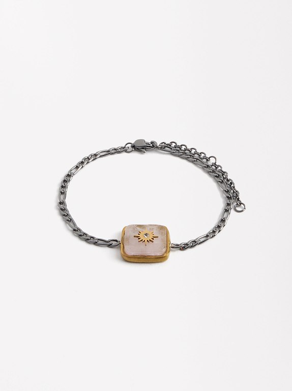 Bicolor Link Bracelet With Stone - Stainless Steel