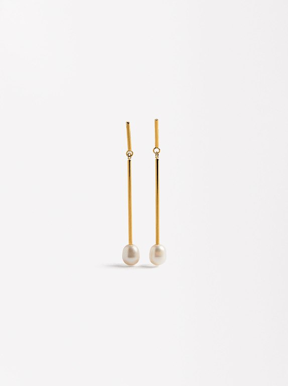 Long Bar Freshwater Pearl Earrings - Stainless Steel