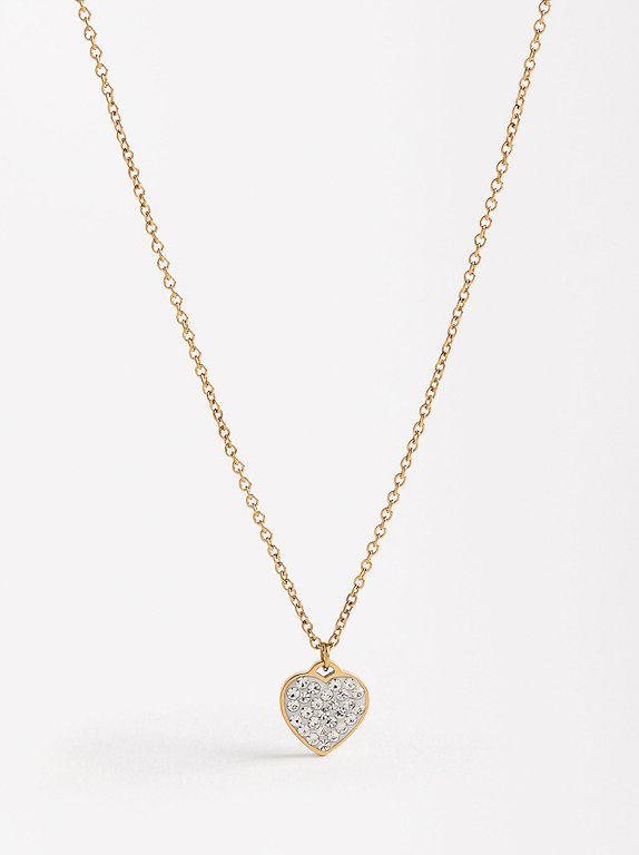 Short Necklace With Heart-Shaped Crystals - Stainless Steel