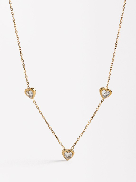 Necklace With Heart-Shaped Zirconias - Stainless Steel