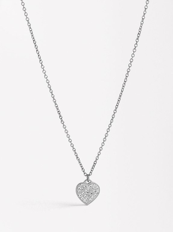 Short Necklace With Heart-Shaped Crystals - Stainless Steel