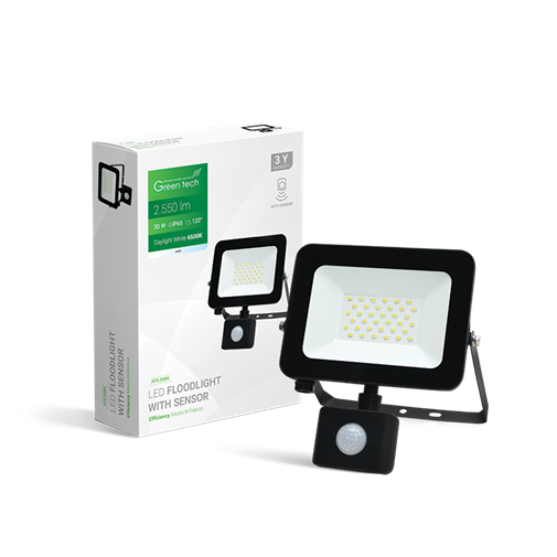 LED REFLEKTOR SA SENZOROM 30W 6500K 2550lm IP65 CRNI GREEN TECH