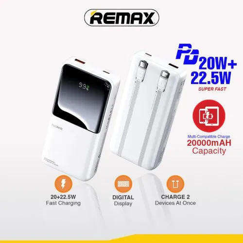 Power Bank prenosiva baterija with 2 Fast Charging Cables Remax Cynlle Series RPP-680 PD 20W+QC 22.5W 20000mAh beli