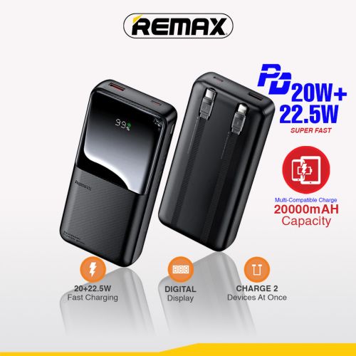 Power Bank prenosiva baterija with 2 Fast Charging Cables Remax Cynlle Series RPP-680 PD 20W+QC 22.5W 20000mAh crni