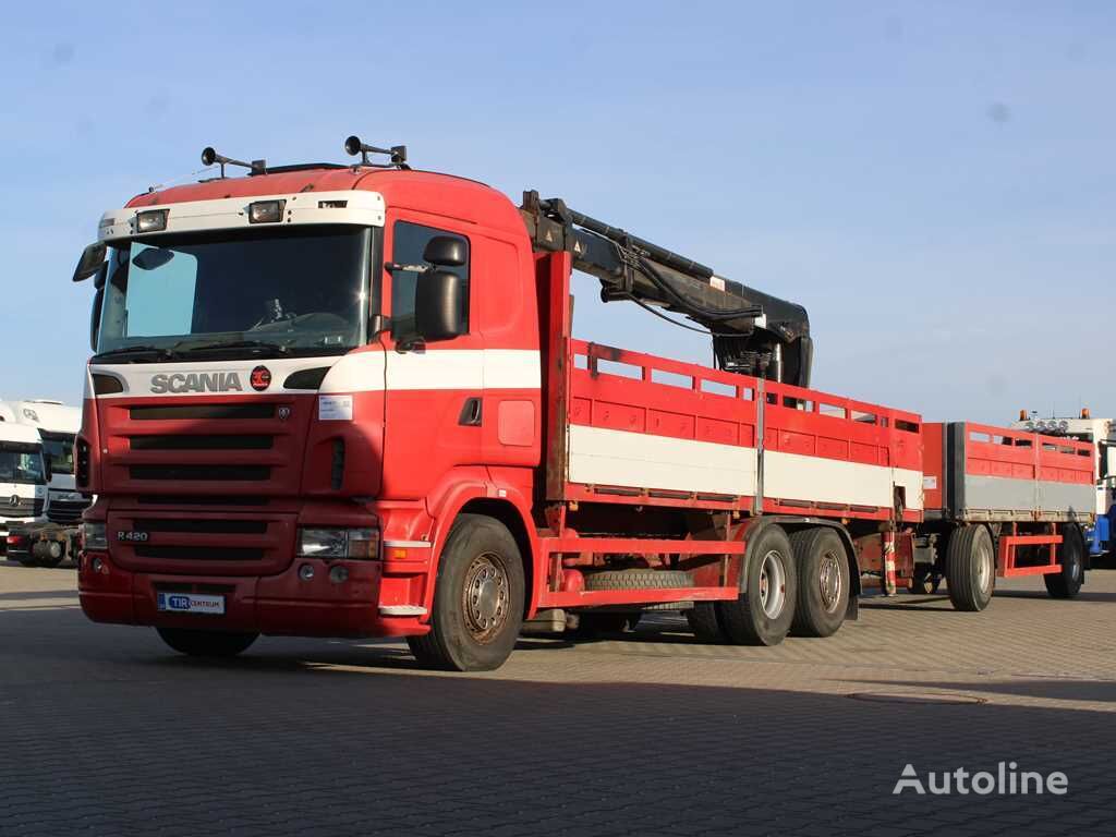 Scania R380, EURO 3, 6X2, LIFT AXLE, HIAB 166K + KOGEL ANBS(1996) kamion s ravnom platformom + prikolica sa ravnom platformom