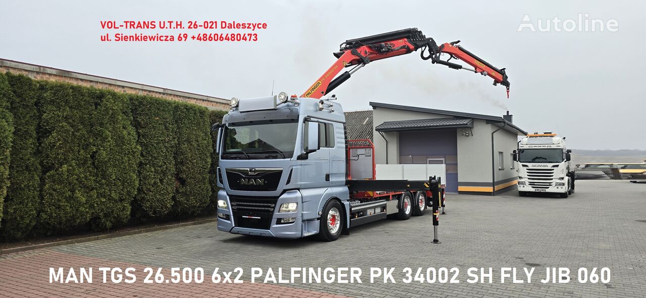 MAN TGS 26.500 6x2 CRANE Palfinger PK34002 SH + JIB PJ060 kamion s ravnom platformom