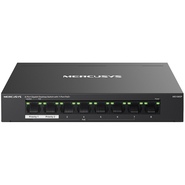 Mercusys MS108GP 8-Port Gigabit Desktop Switch with 7-Port PoE+, 7× Gigabit PoE+ Ports, 1× Gigabit Non-PoE Ports, Compatible with 802.3afat