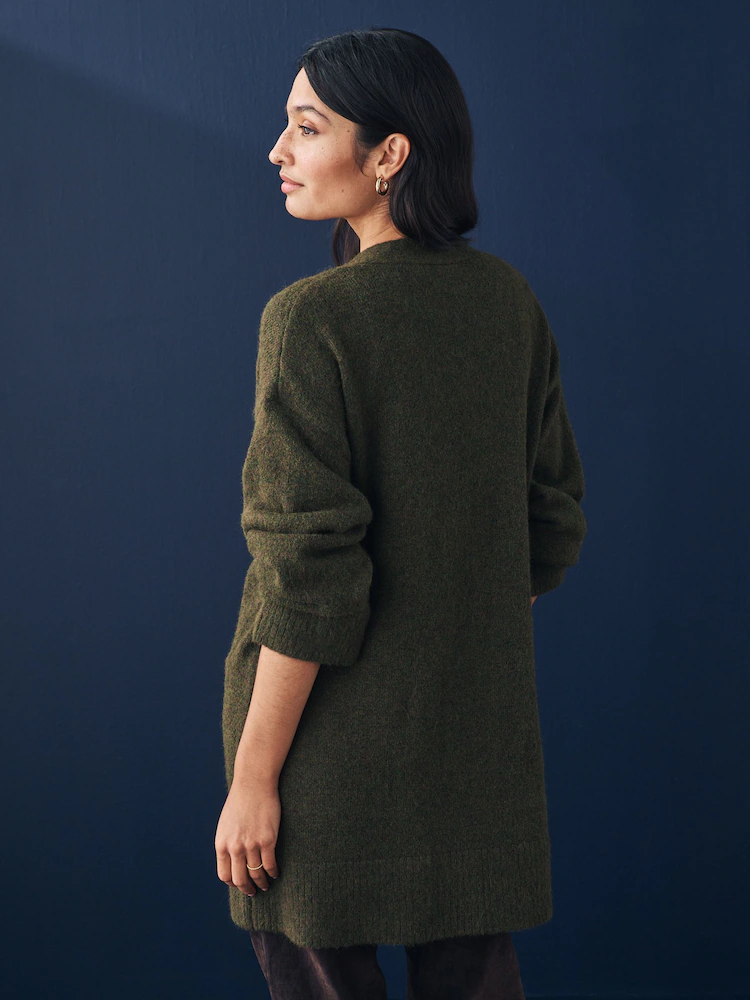 Green Olive Relaxed Fit Oversized Longline Button Knitted Cardigan