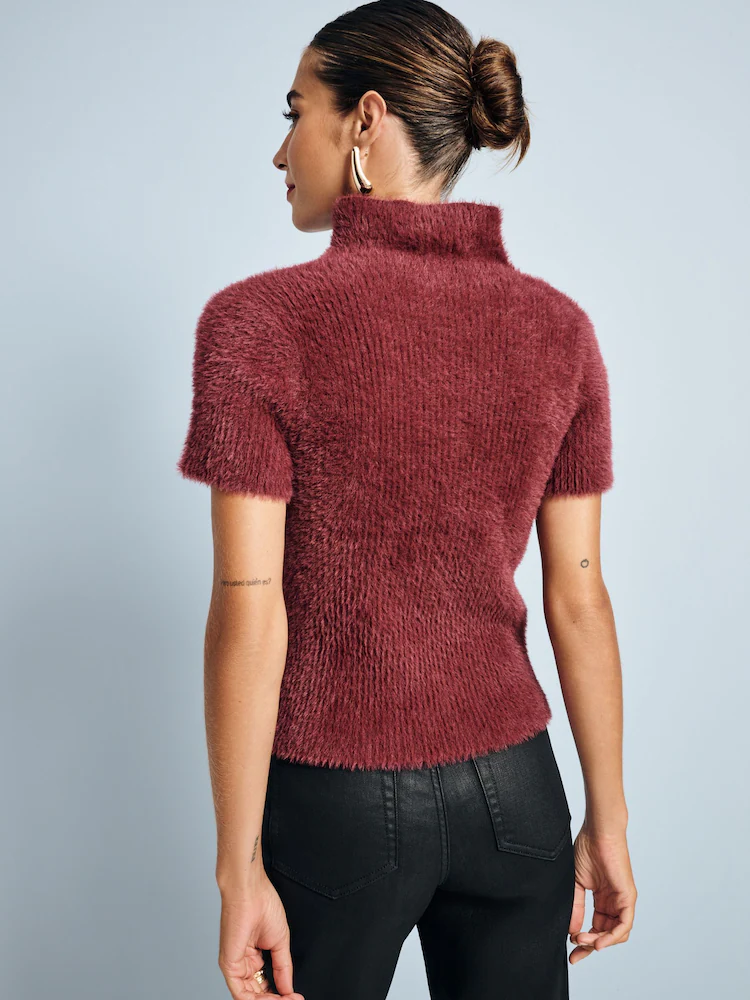 Red Berry Soft Touch Fluffy Eyelash Knitted Short Sleeve Jumper