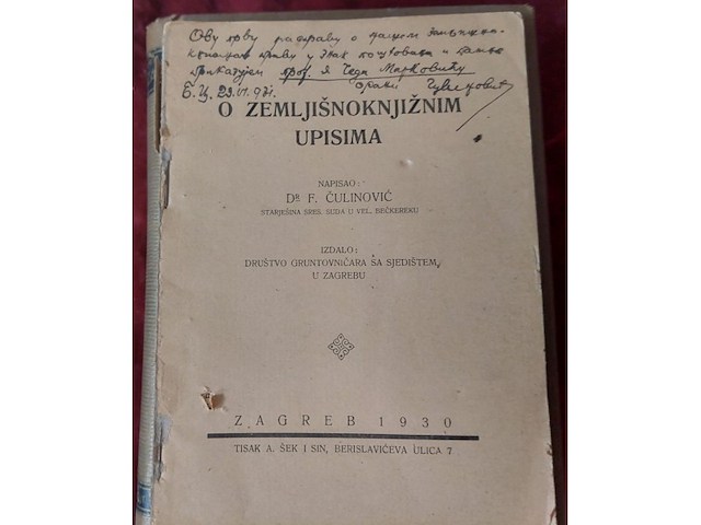 F. Čulinović - O zemljišnoknjižnim upisima 1930.