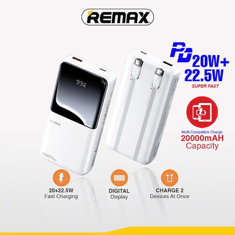 Back Up baterija (univerzalna) with 2 Fast Charging Cables REMAX Cynlle Series RPP-680 PD 20W+QC 22.5W 20000mAh beli