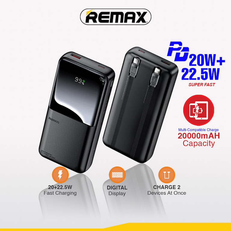 Back Up baterija (univerzalna) with 2 Fast Charging Cables REMAX Cynlle Series RPP-680 PD 20W+QC 22.5W 20000mAh crni