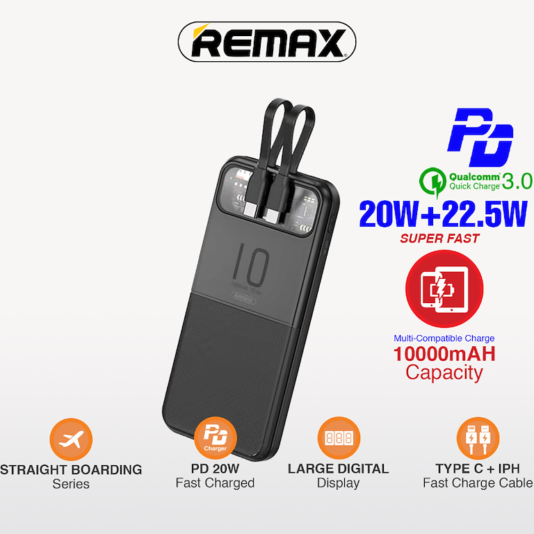 Back Up baterija (univerzalna) with 2 Fast Charging Cables REMAX Stervui Series RPP-619 PD 20W+ QC 22.5W 10000mAh crni