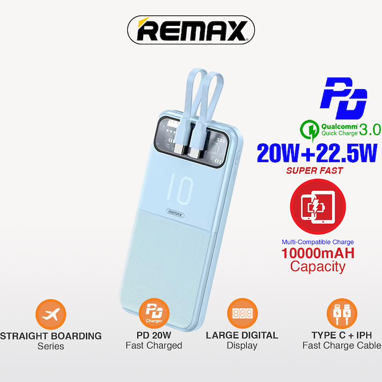 Back Up baterija (univerzalna) with 2 Fast Charging Cables REMAX Stervui Series RPP-619 PD 20W+ QC 22.5W 10000mAh plavi