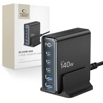 TECH-PROTECT DC140W GAN 5-PORT DESKTOP CHARGER WITH 3X PD USB-C, 2X QC 3.0 USB-A - BLACK