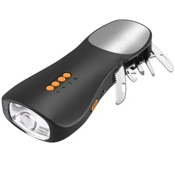 MULTIFUNCTIONAL HAND CRANK FLASHLIGHT W. FM RADIO, TOOL SET - BLACK