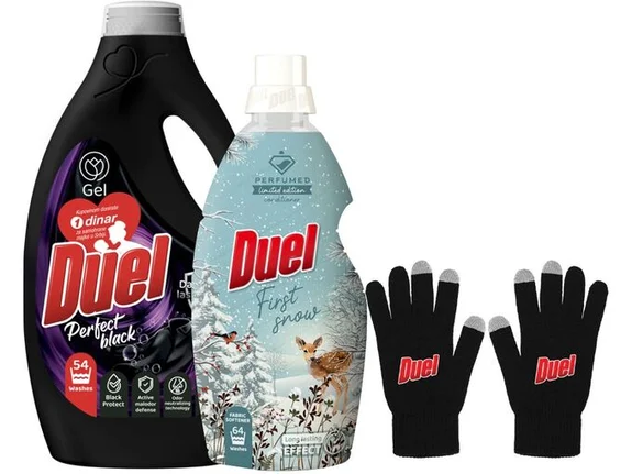 Duel Tečni deterdžent Perfect black 2.45l + Omekšivač First snow 1.6l + Touch glow Rukavice