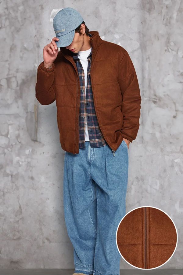 TRENDYOL BROWN REGULAR FIT SUEDE STAND COLLAR LIGHTLY FILLED JACKET COAT