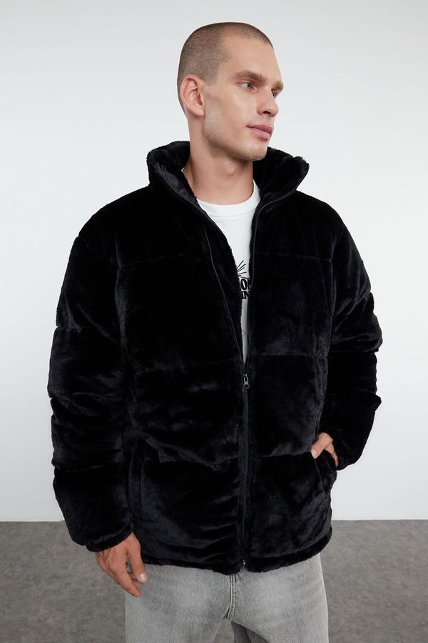 TRENDYOL MEN'S BLACK PLUSH FABRIC LINED PADDED WINTER PUFFER COAT