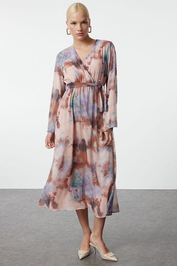TRENDYOL BROWN ABSTRACT PATTERN BELTED A-LINE DOUBLE BREASTED COLLAR LINED CHIFFON MAXI WOVEN DRESS