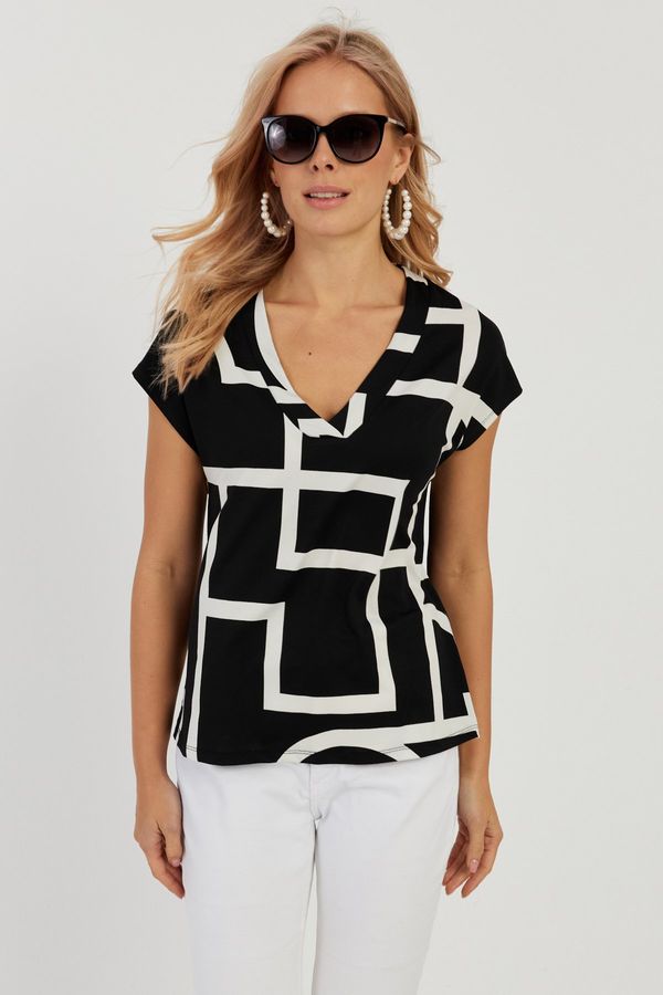 COOL & SEXY WOMEN'S BLACK V-NECK PATTERNED BLOUSE