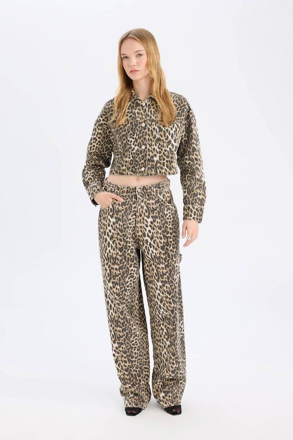DEFACTO GABARDINE TROUSERS BAGGY FIT HIGH WAIST LEOPARD PATTERNED STANDARD LENGTH