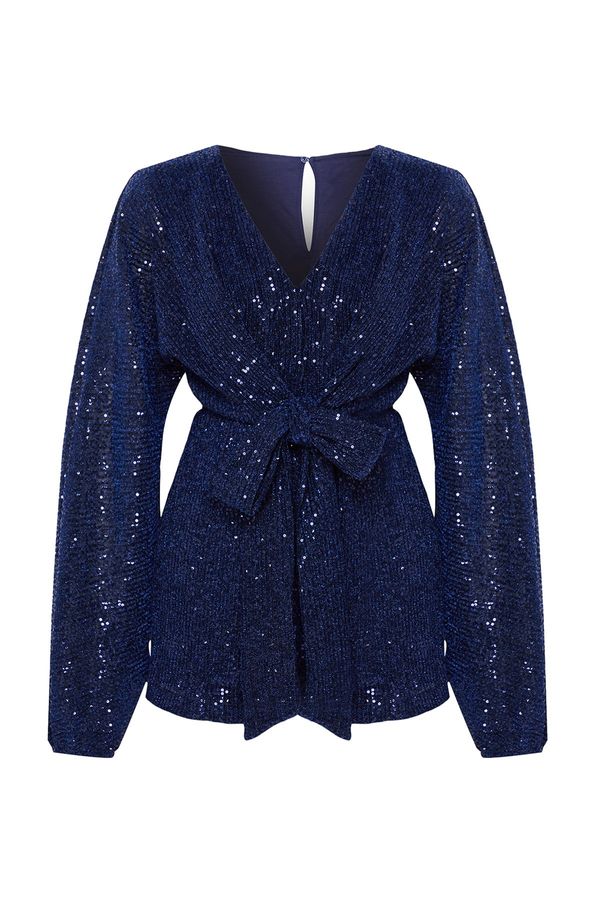 TRENDYOL NAVY BLUE GLITTER SEQUIN TIE DETAIL SHORT JUMPSUIT