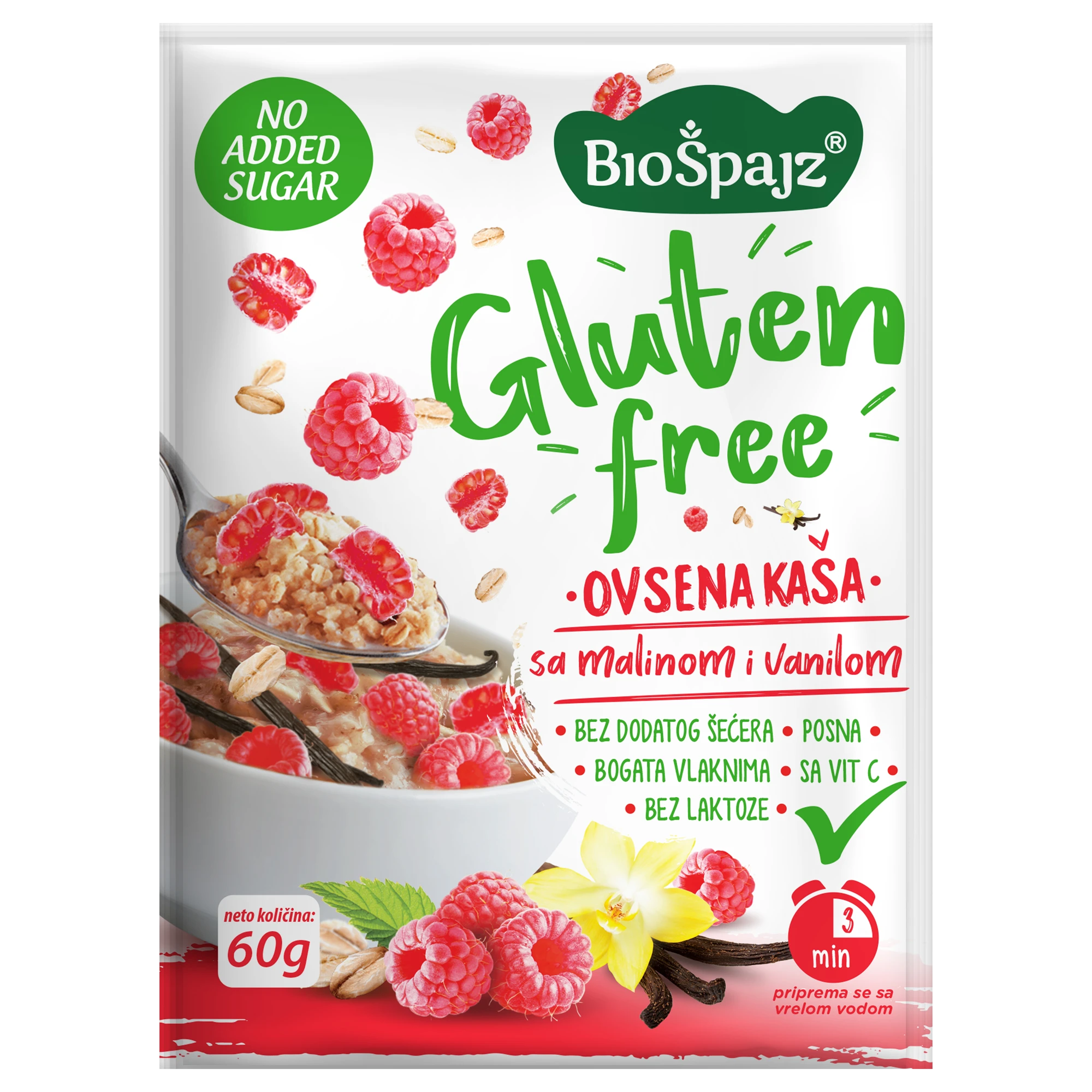 Ovsena kaša sa malinom i vanilom bez glutena 60 g Bio Špajz