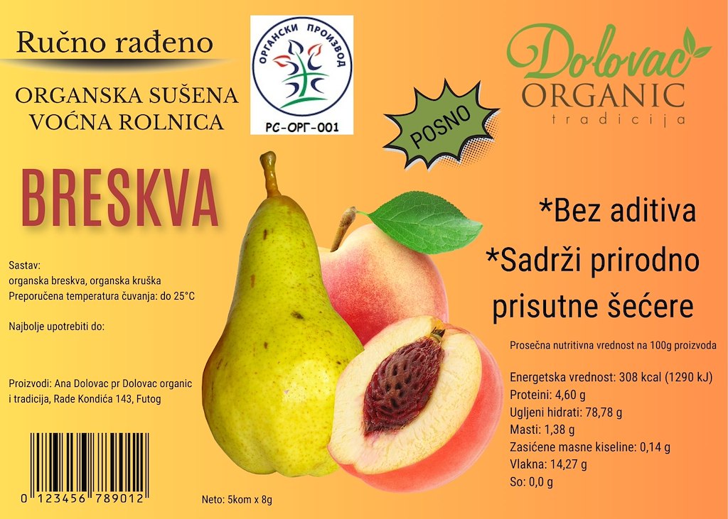 Breskva- organska sušena rolnica 5kom x 8g