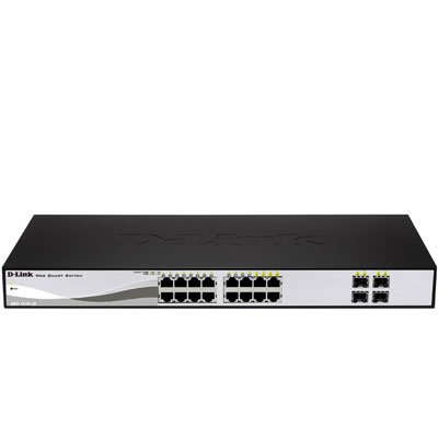 D-Link 16-port Smart Gigabit 10/100/1000Mbps Switch, w/ 4 Combo SFP ports, VLAN, QoS, ACL, Security, Port mirroring, STP, Link Aggregation, IGMP, Web management, Rackmount kit, Limited Lifetime Wa...