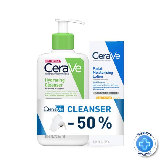 CeraVe Hidratantna emulzija za čišćenje normalne i suve kože 236ml (- 50% na emulziju) + Nega za lice SPF30 52ml