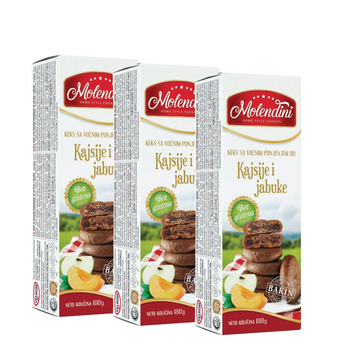 MOLENDINI Keks sa punjenjem od kajsije i jabuke, 180g, 3 komada