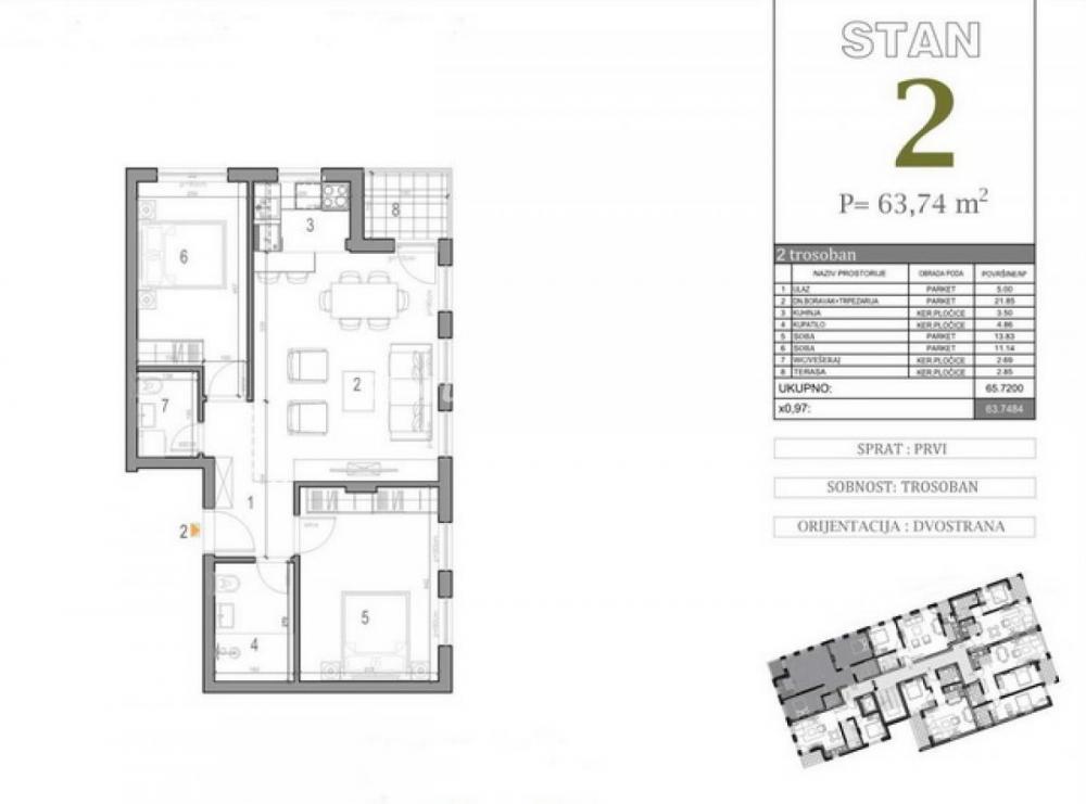 Trosoban stan na prodaju, 64m2, 119.200€