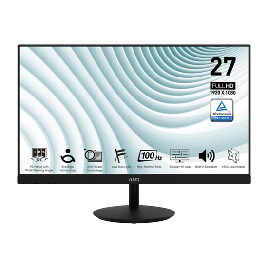 Monitor Msi MP271A, 27'', 1920 x 1080 Full HD, IPS. 100 Hz, 1 ms, Display Port, HDMI, VGA